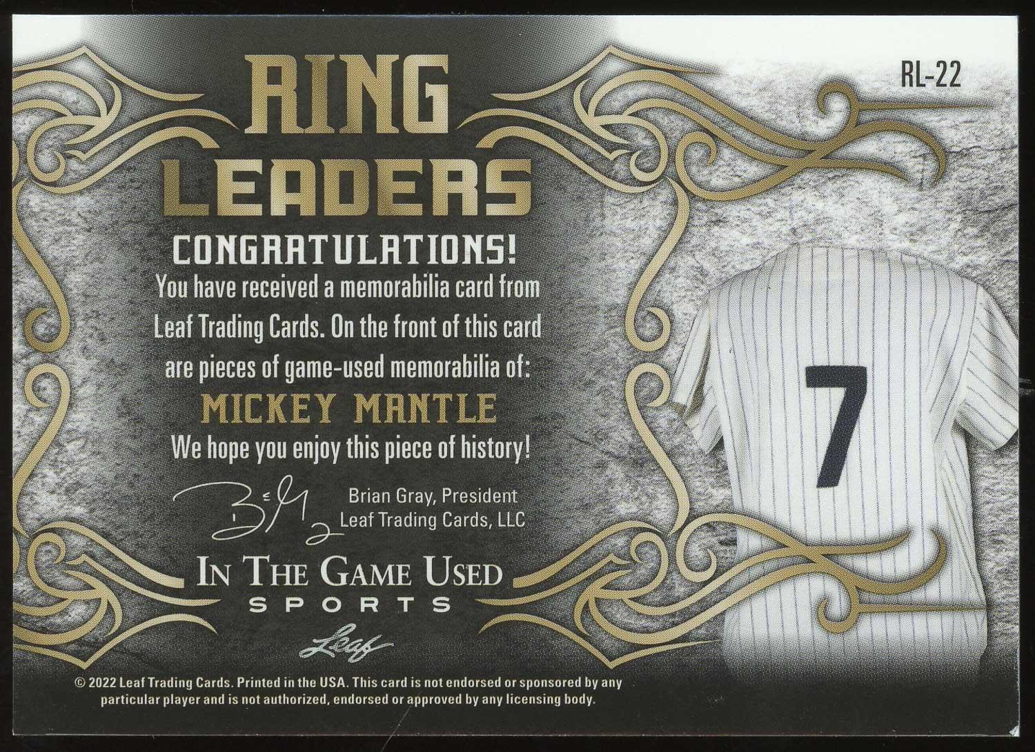 Mickey Mantle 2022 Leaf In the Game Used Sports Ring Leaders Dual Patch ...