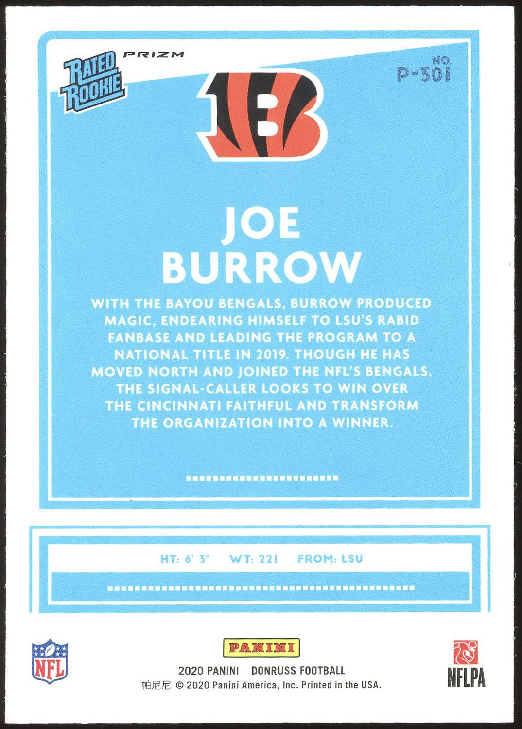 Joe Burrow 2020 Panini Donruss Optic Pink Rated Rookie Card | Auction ...