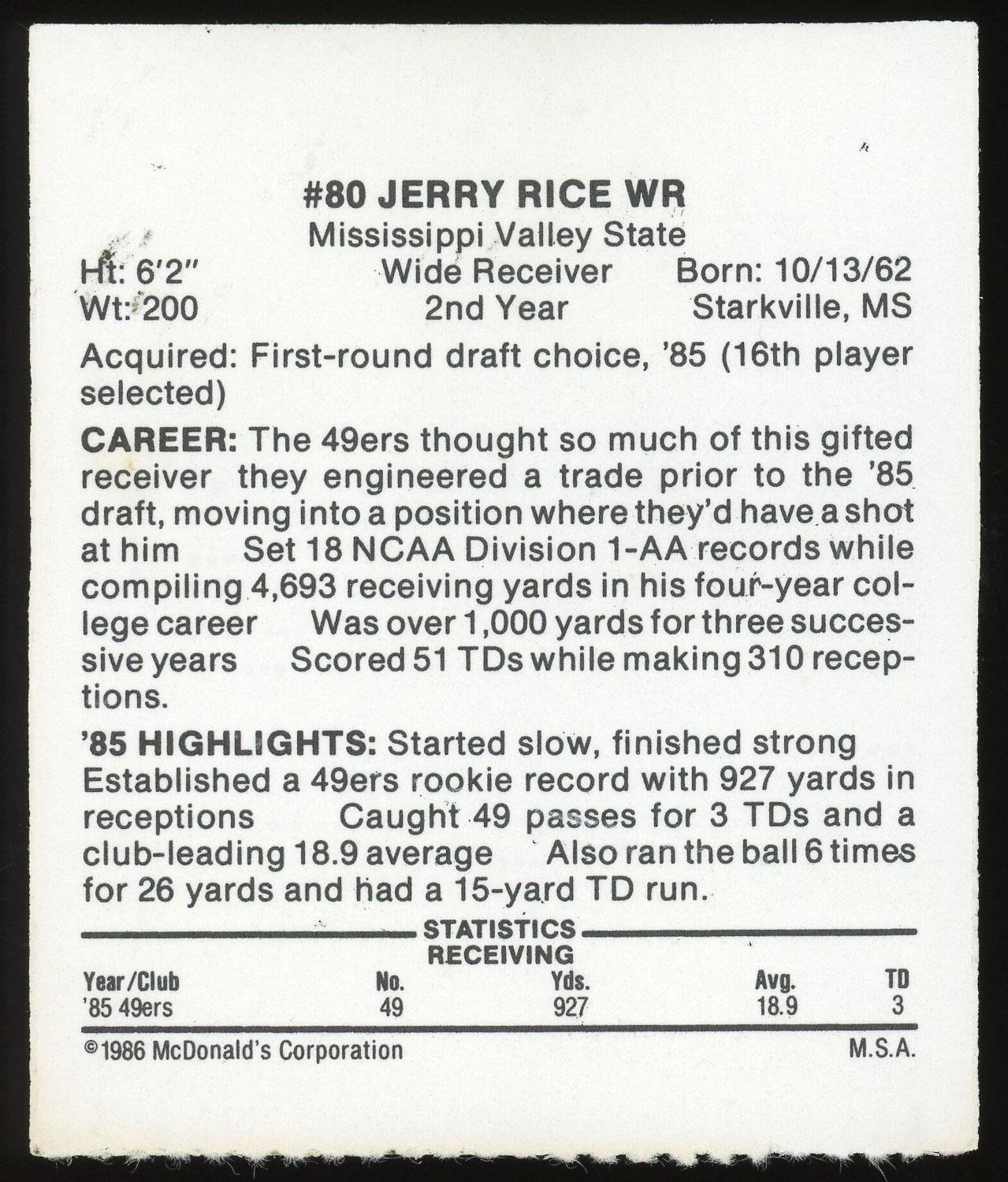 Jerry Rice 1996 McDonalds Card | Auction of Champions