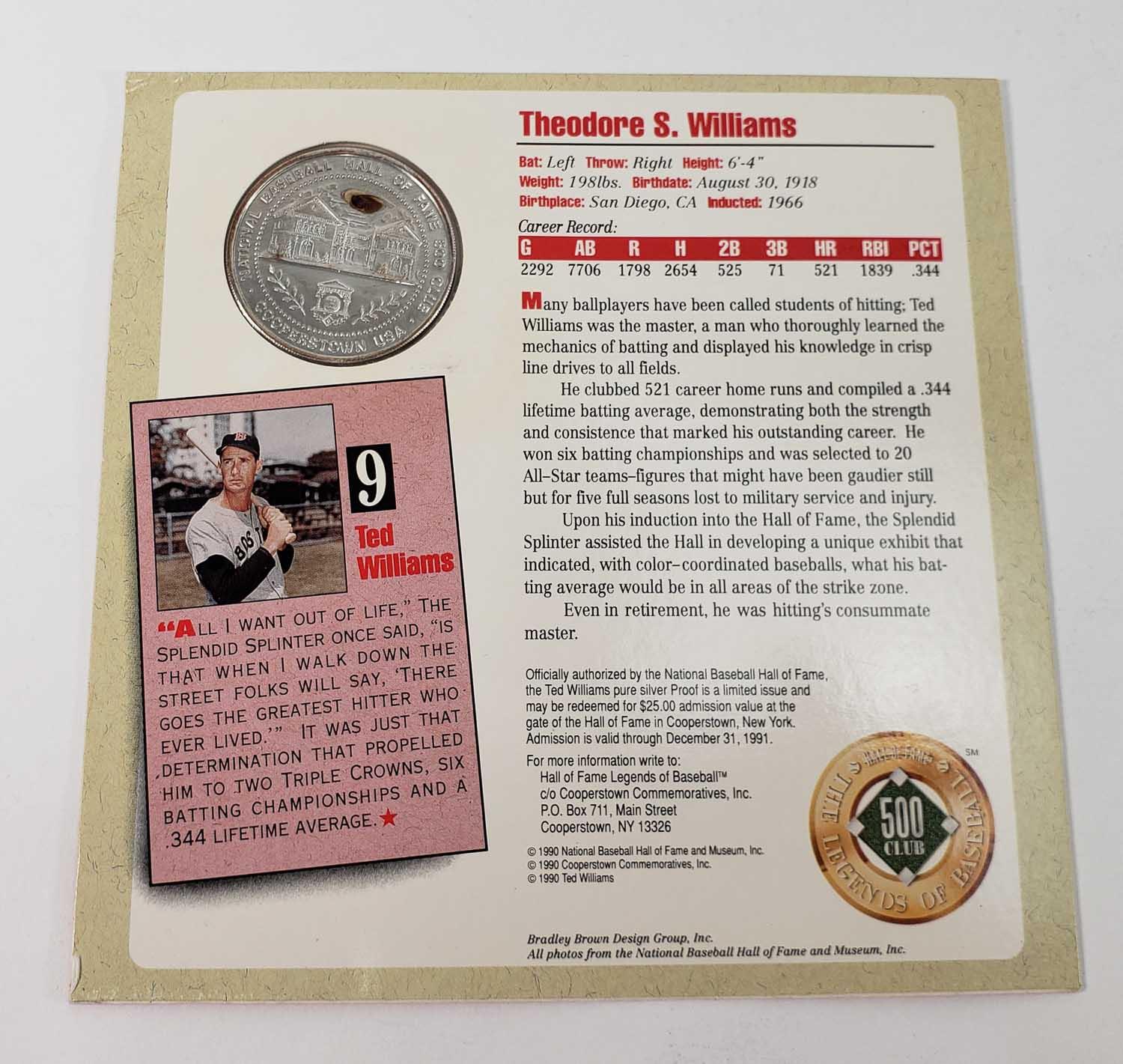 Ted Williams Signed 1990 Commemorative Silver Proof Coin Card (JSA LOA ...