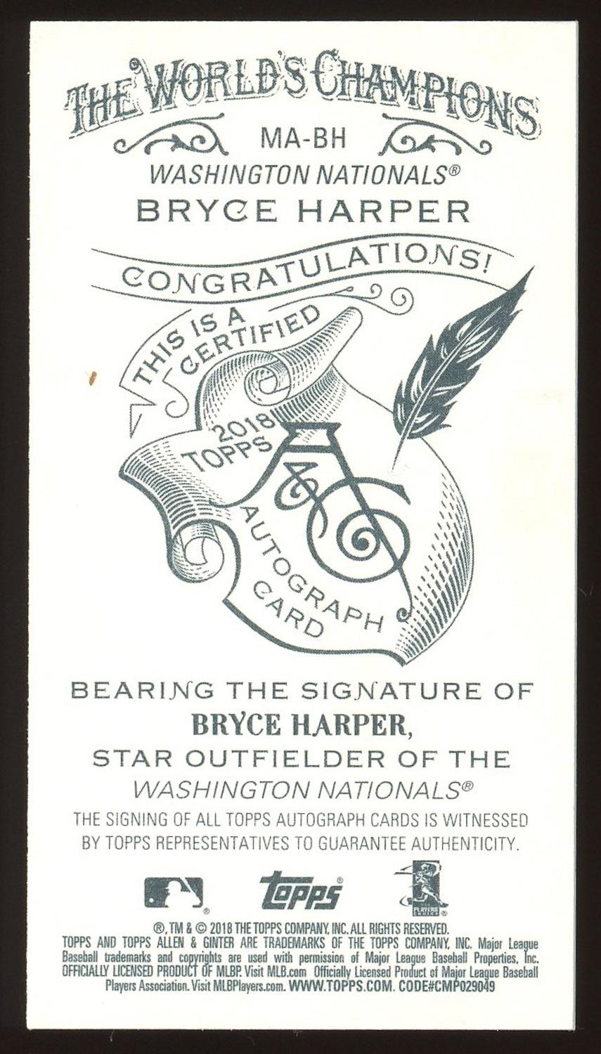 Bryce Harper 2018 Topps Allen & Ginter Mini Red Ink Autograph Card 4/10 ...