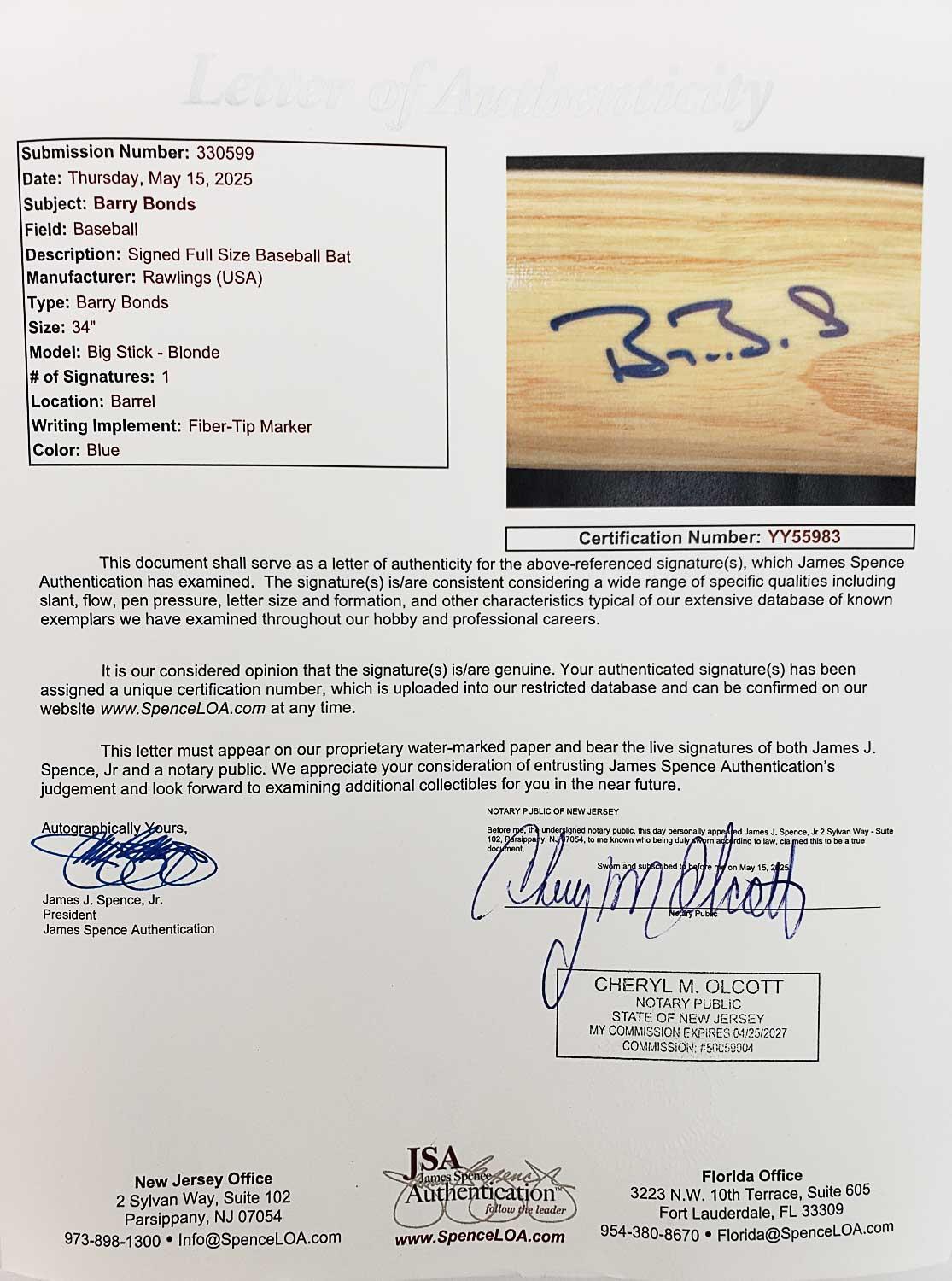 Barry Bonds Signed Rawlings Adirondack Big Stick Player Model Baseball ...