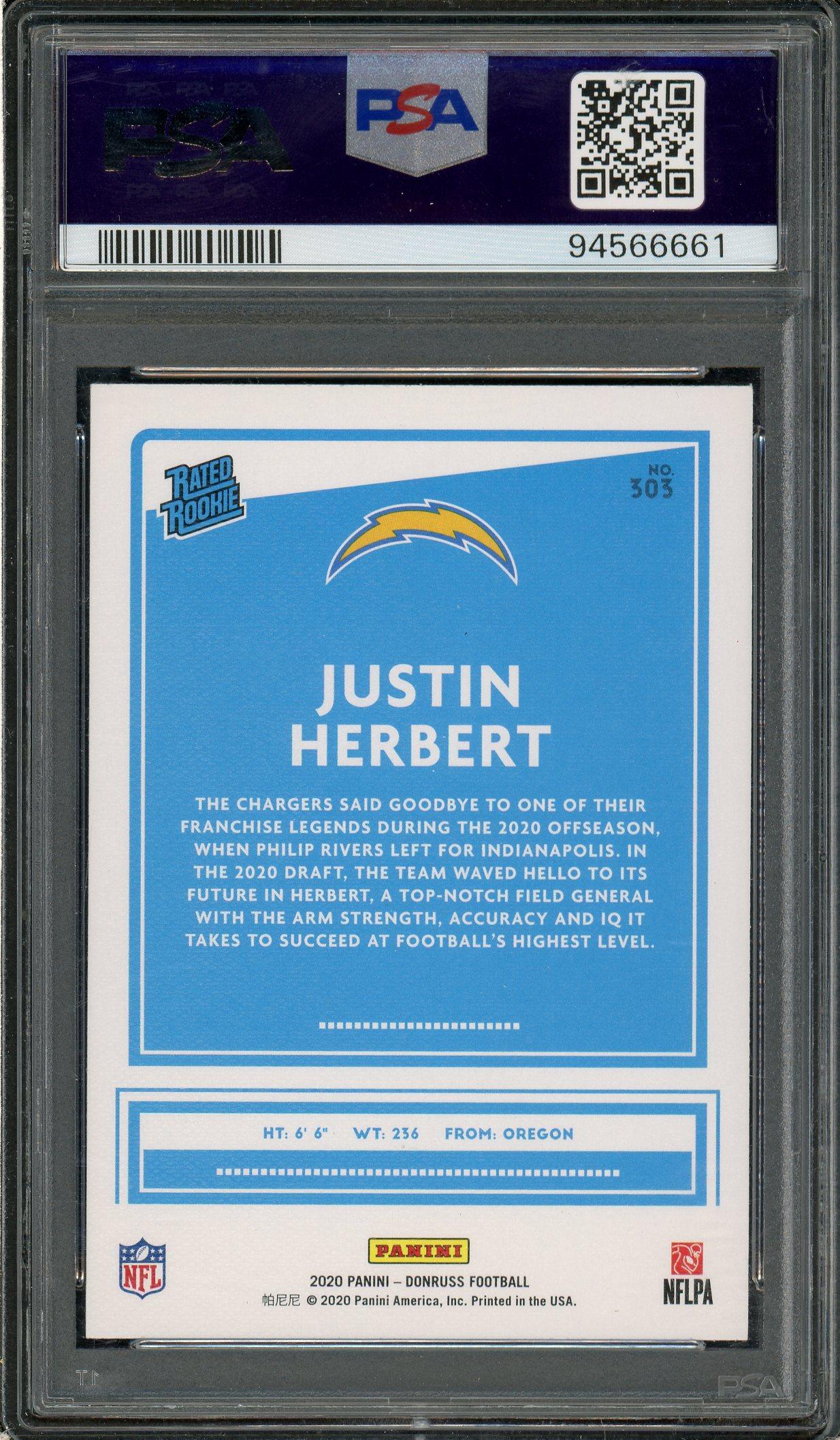 Justin Herbert 2020 Panini Donruss Canvas Rated Rookie Card #303 PSA ...
