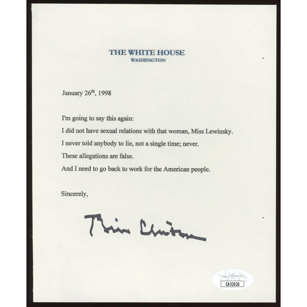 Bill Clinton Signed 5.5x7 Typed "I did not.." Letter (JSA COA ...