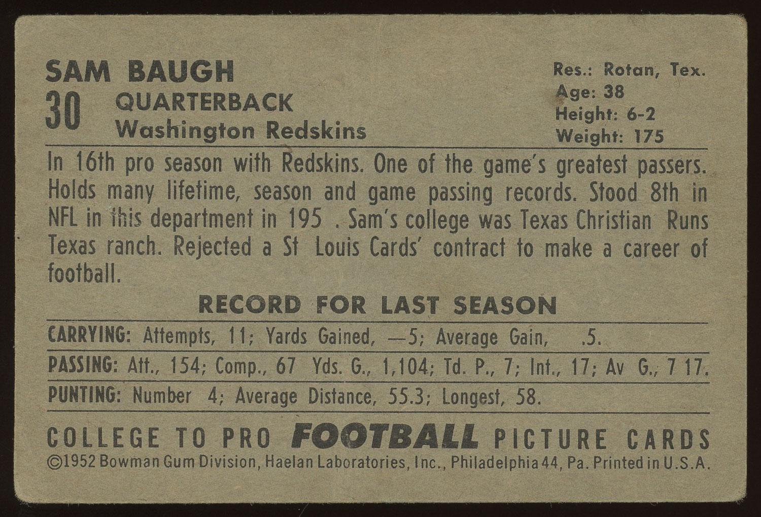 Sammy Baugh 1952 Bowman Card #30 | Auction of Champions