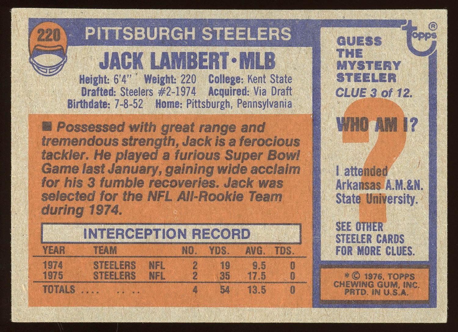 Jack Lambert 1976 Topps All Pro Rookie Card #220 | Auction of Champions