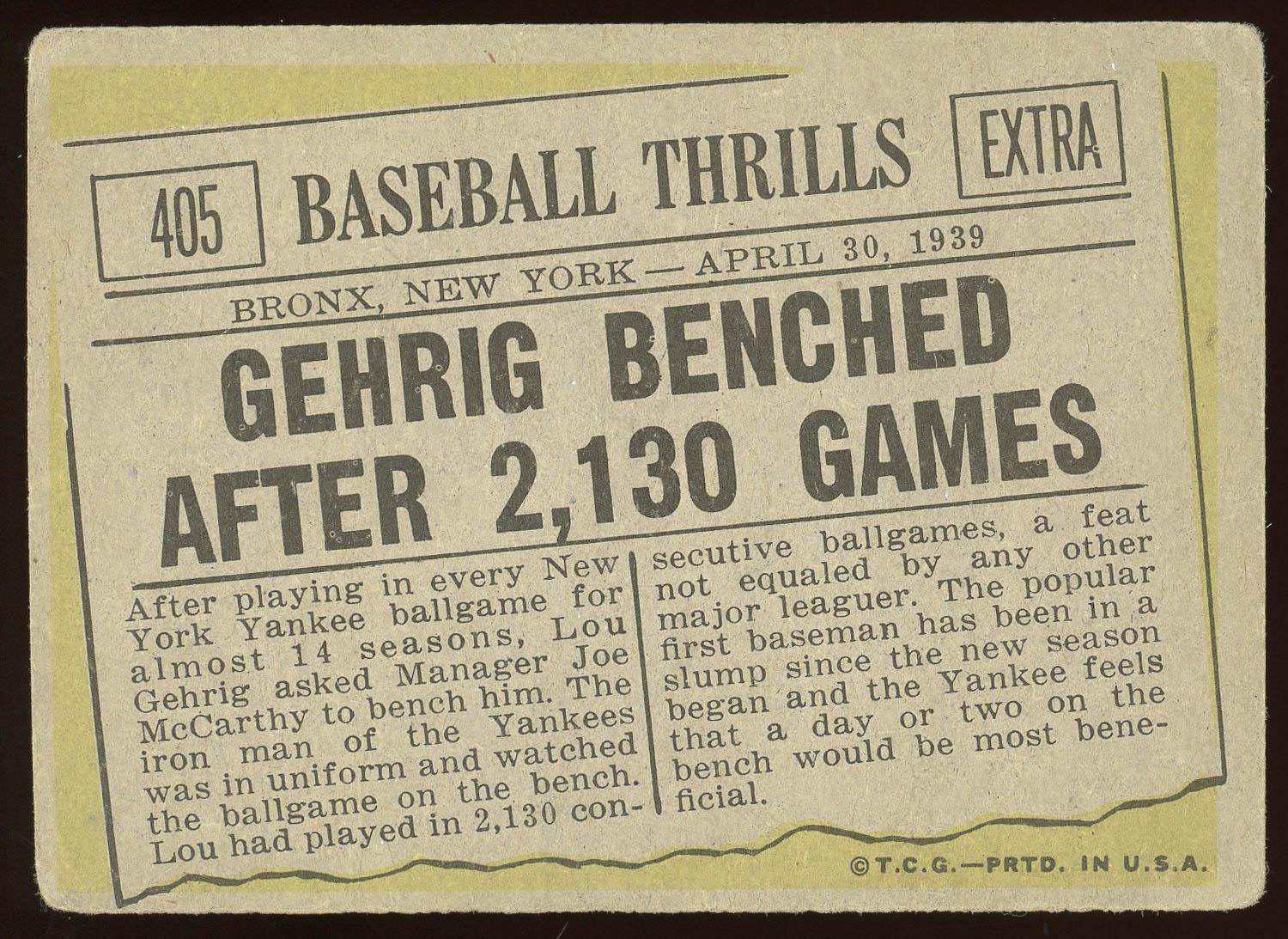 Lou Gehrig 1961 Topps Baseball Thrills Benched After 2,130 Games Card ...