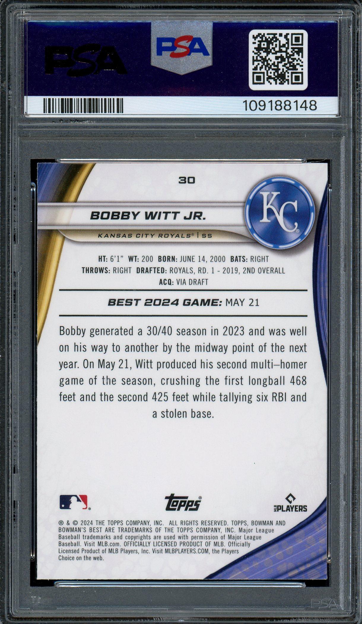 Bobby Witt Jr. 2024 Bowman's Best Yellow Lazer Card 52/75! PSA Gem Mint ...