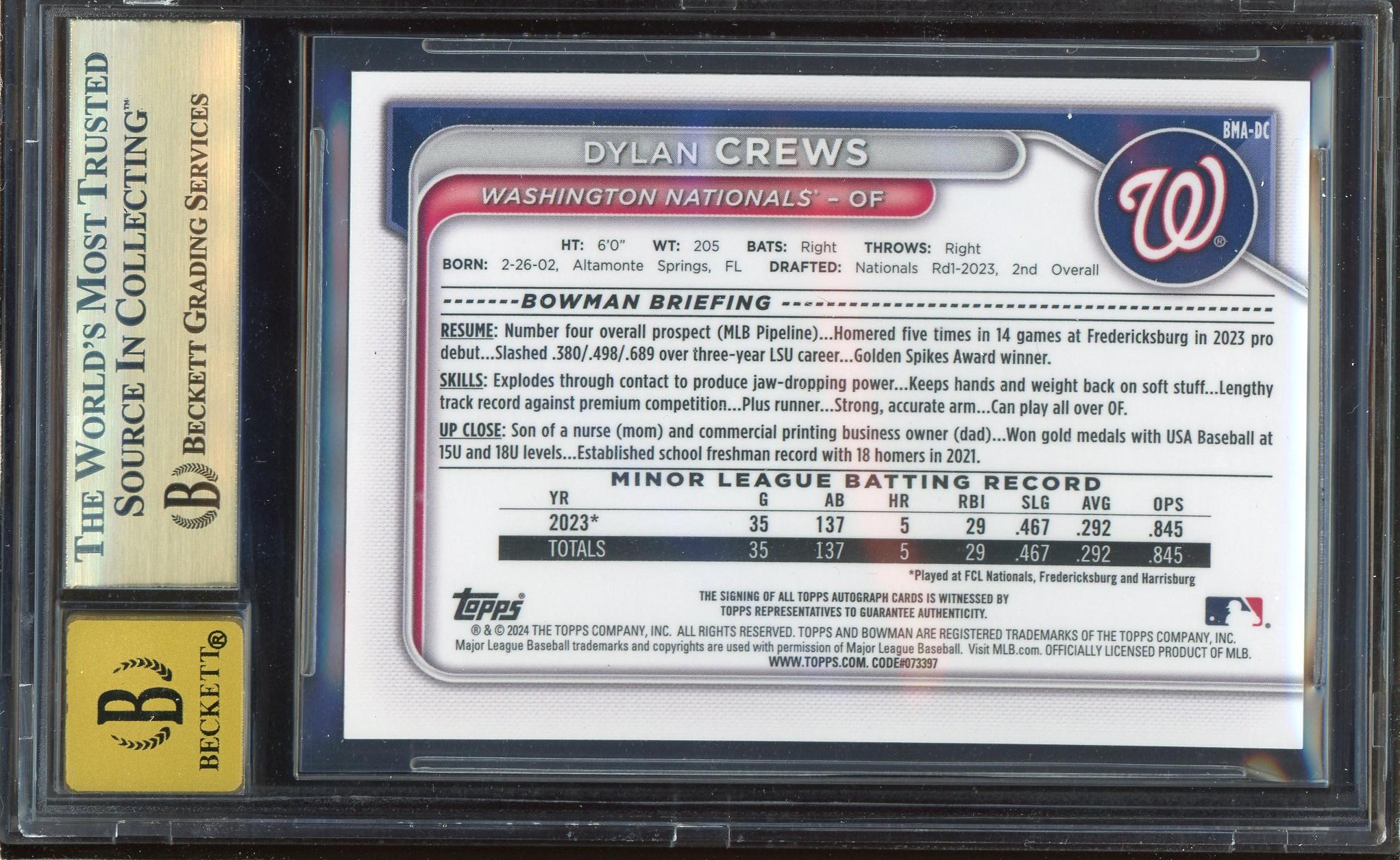 Dylan Crews 2024 Bowman Chrome Orange Refractors Autograph Card 22/25 ...