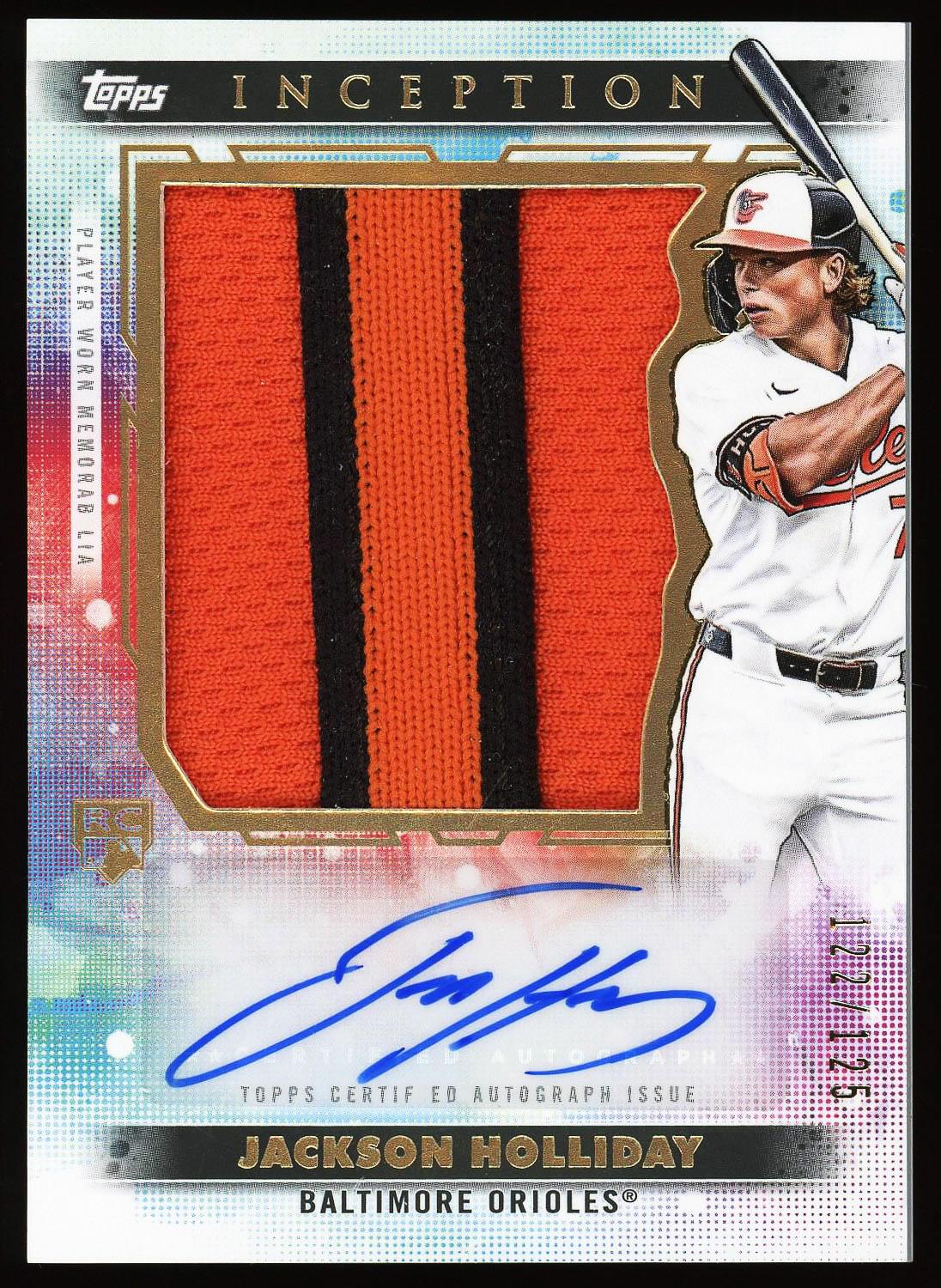 Jackson Holliday 2024 Topps Inception Jumbo Player Worn Rookie Patch Autograph Card 122/125 ...