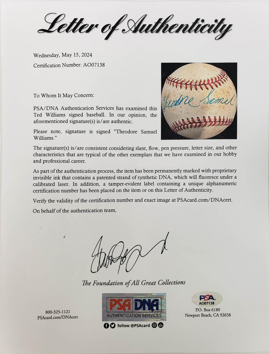 Ted Williams FULL NAME "Theodore Samuel Williams" Signed OAL Baseball ...