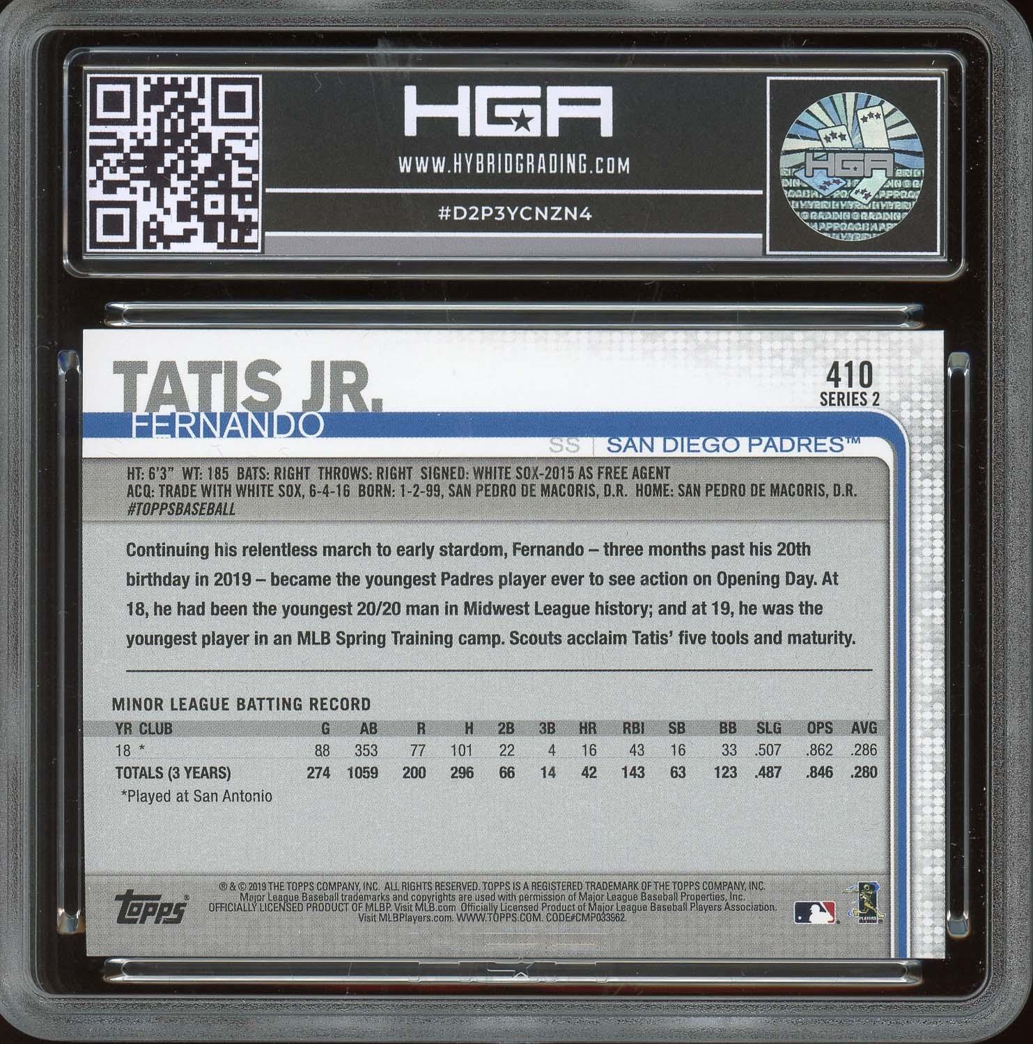 Fernando Tatis Jr. 2019 Topps Series 2 Rookie Card #410 HGA 9 | Auction ...