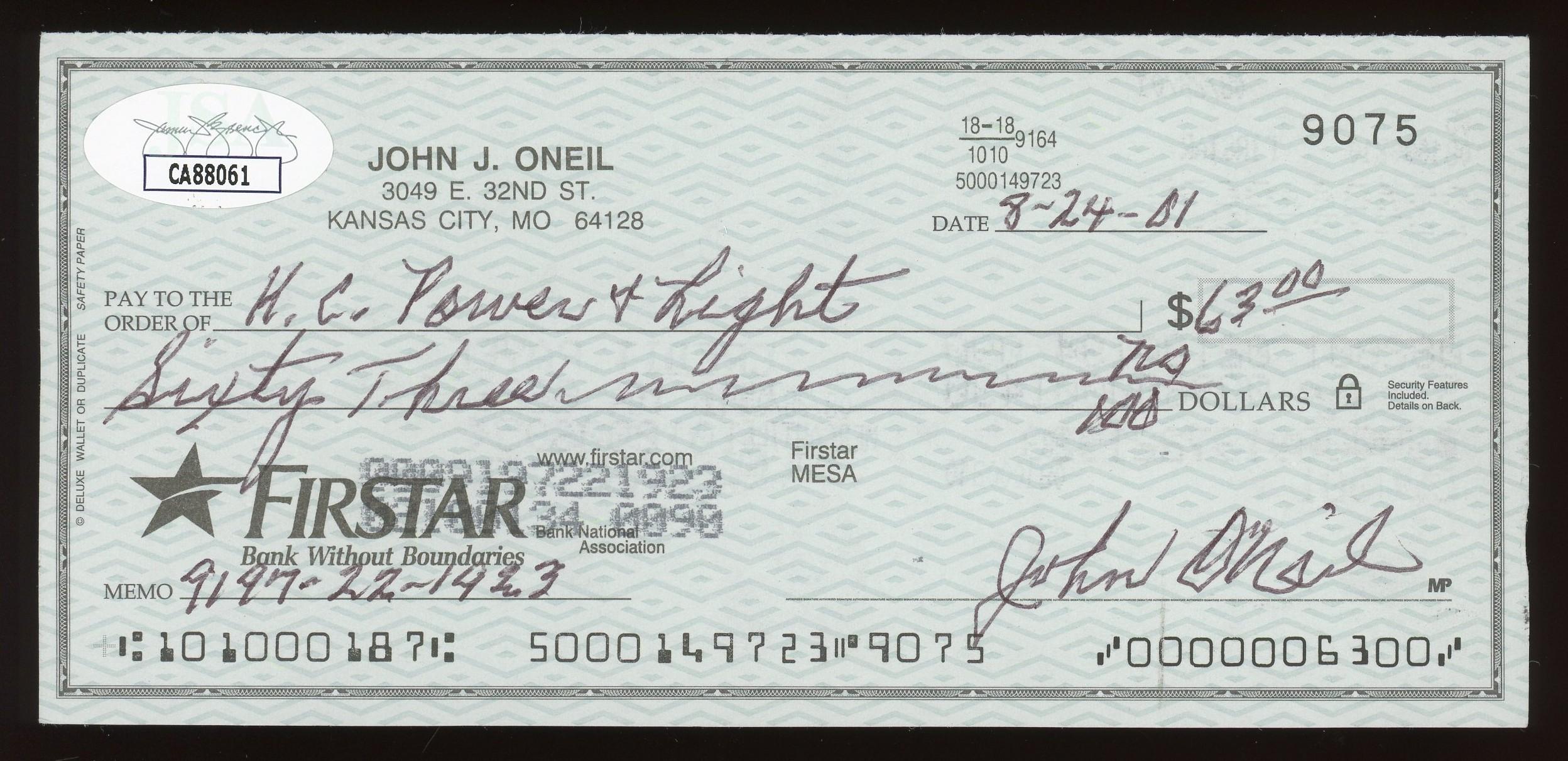 Buck O'Neil "John O'Neil" Signed Check (JSA COA) | Auction of Champions