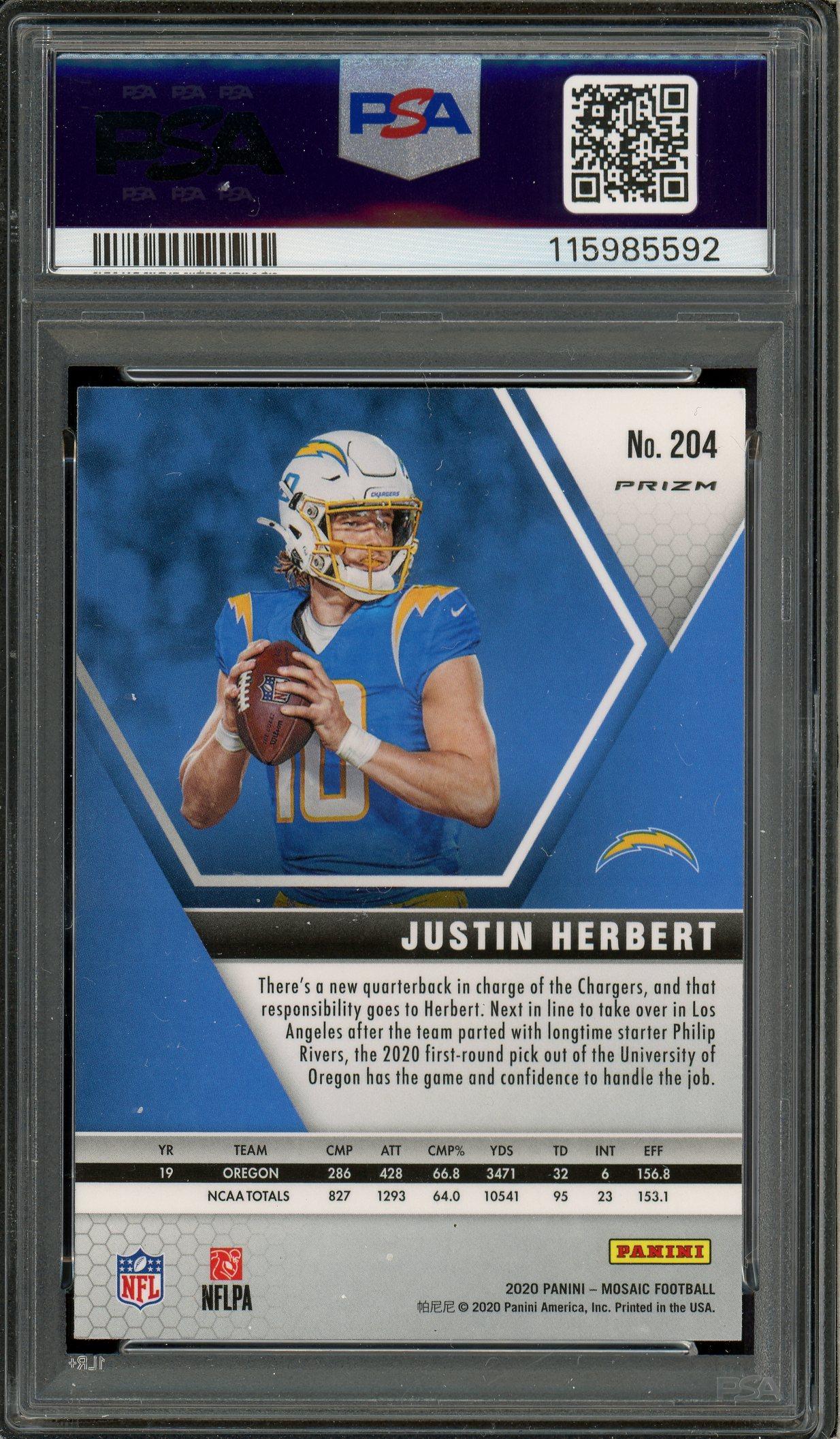 Justin Herbert 2020 Panini Mosaic Reactive Green Rookie Card #204 PSA ...