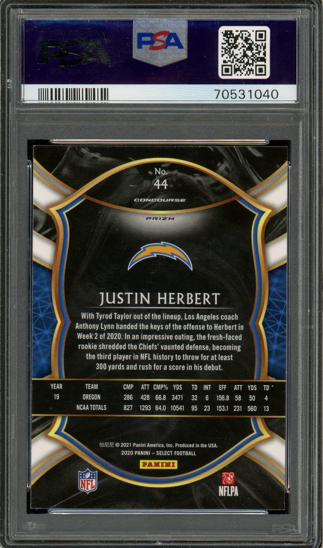 Justin Herbert 2020 Panini Select Silver Prizm Rookie Card #44 PSA Gem ...