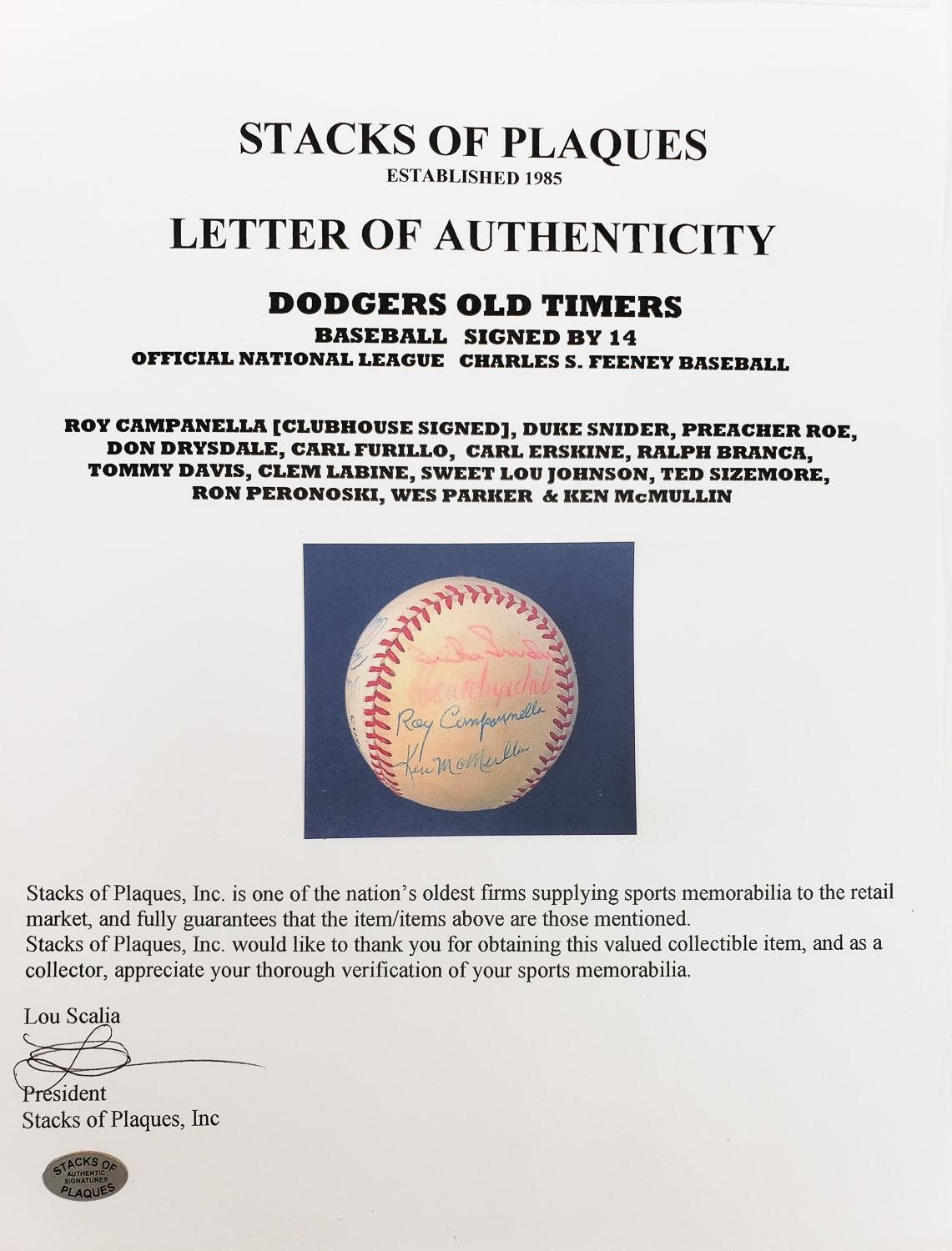 Dodgers Old Timers (14) Signed ONL Feeney Baseball w/ Duke Snider ...