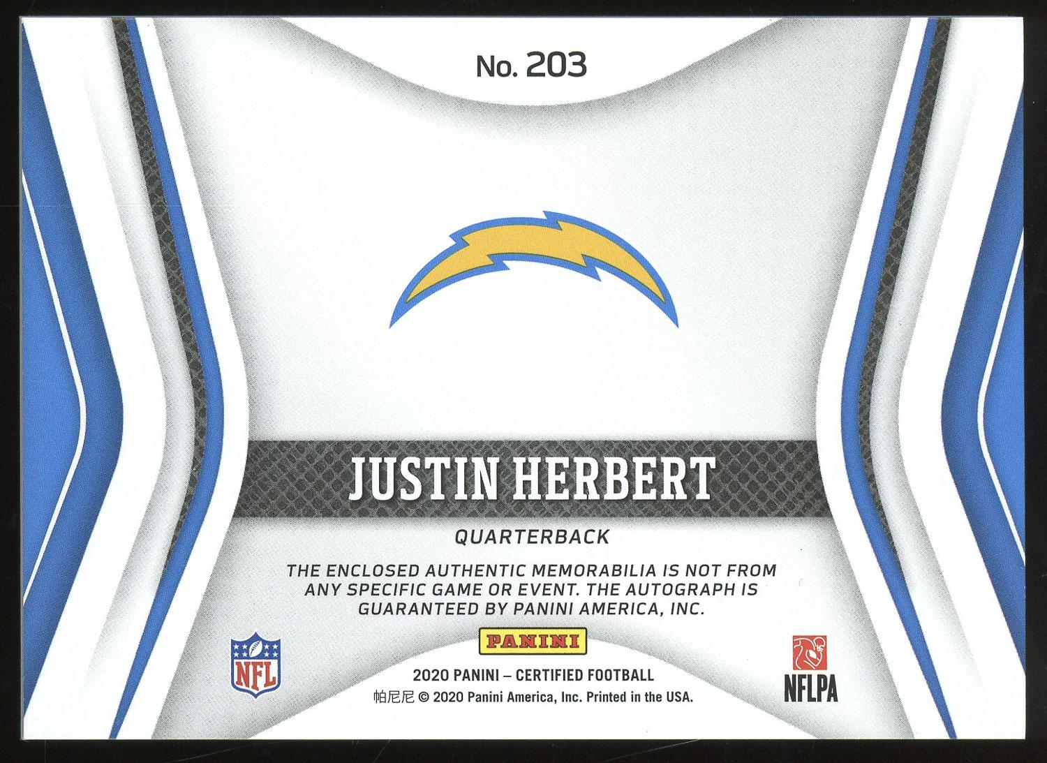 Justin Herbert 2020 Panini Certified Purple Rookie Patch Autograph Card ...