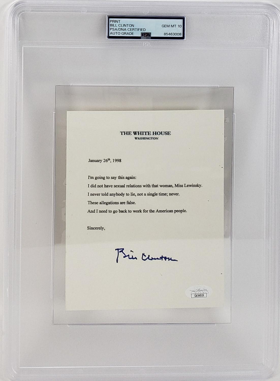 Bill Clinton Signed 5.5x7 Typed "I did not.." Letter (PSA/DNA ...