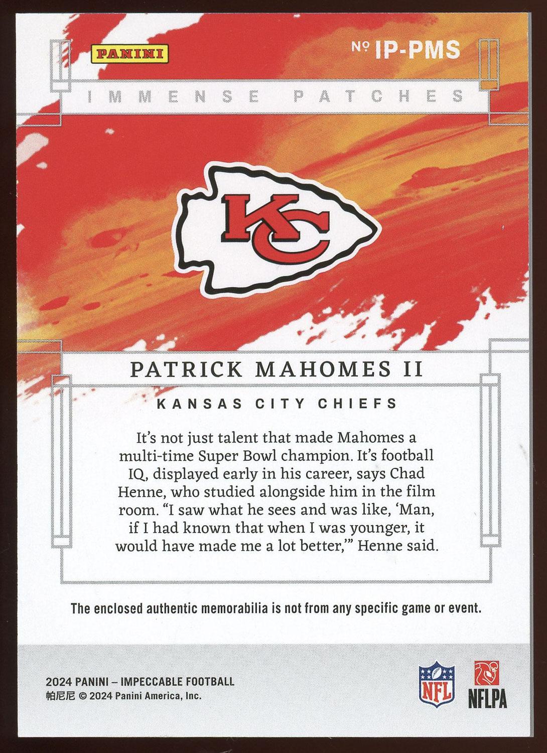 Patrick Mahomes II 2024 Panini Impeccable Immense Patches 3 Color Patch ...