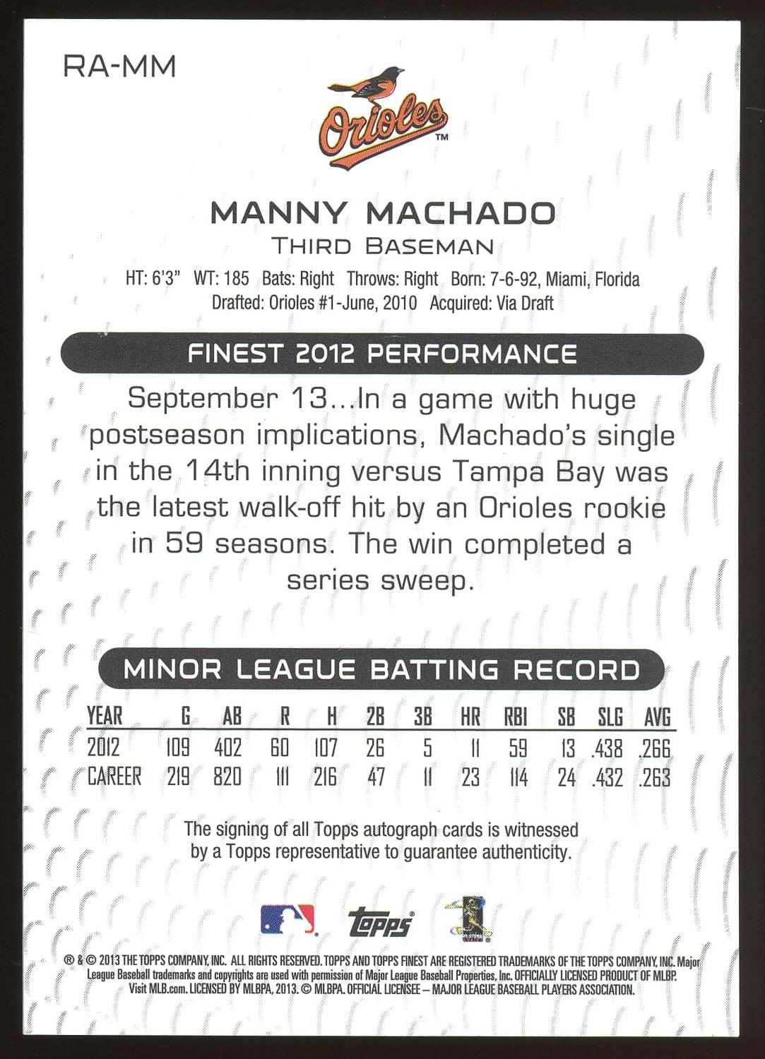 Manny Machado 2013 Topps Finest Autograph Rookie Card | Auction of ...