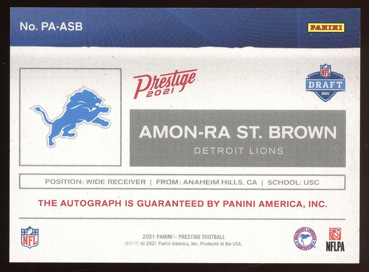 Amon Ra St. Brown 2021 Panini Prestige Passport Autograph Rookie Card ...