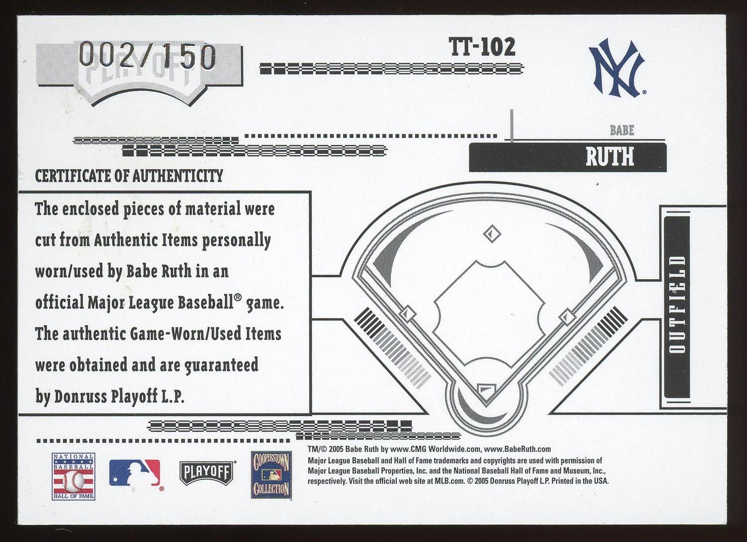 Babe Ruth 2005 Playoff Absolute Memorabilia Dual Game Worn Patch Card 2 ...