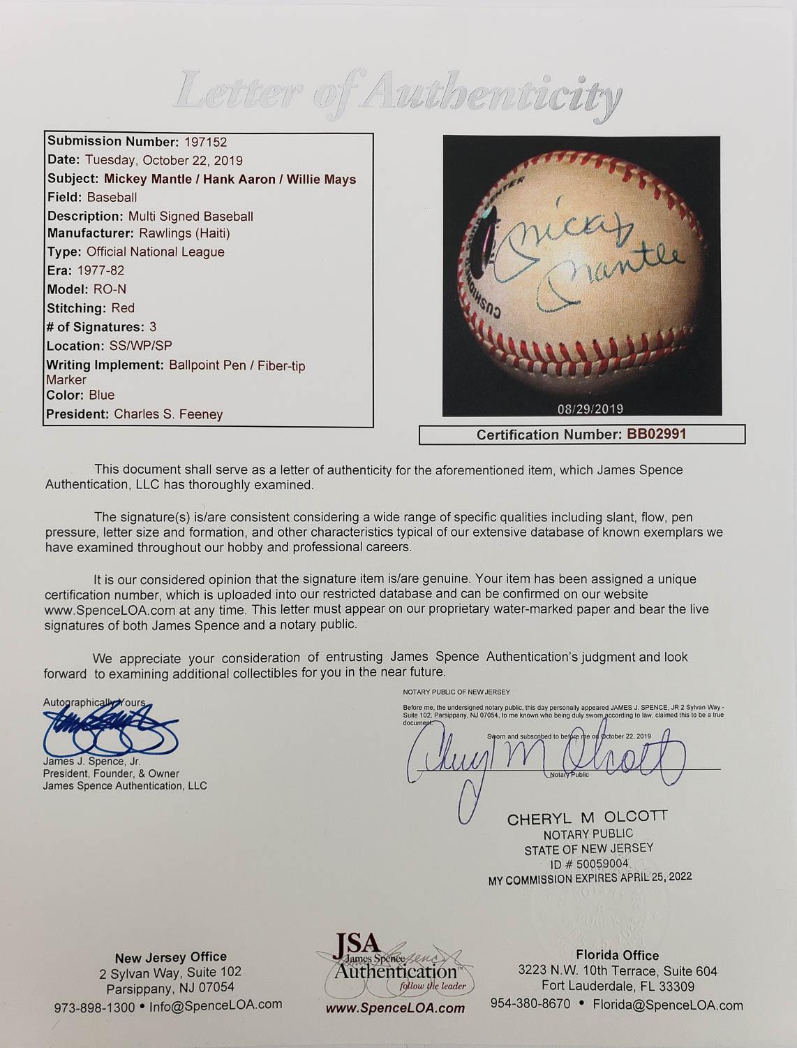 Mickey Mantle, Willie Mays & Hank Aaron Signed ONL Feeney Baseball (JSA ...