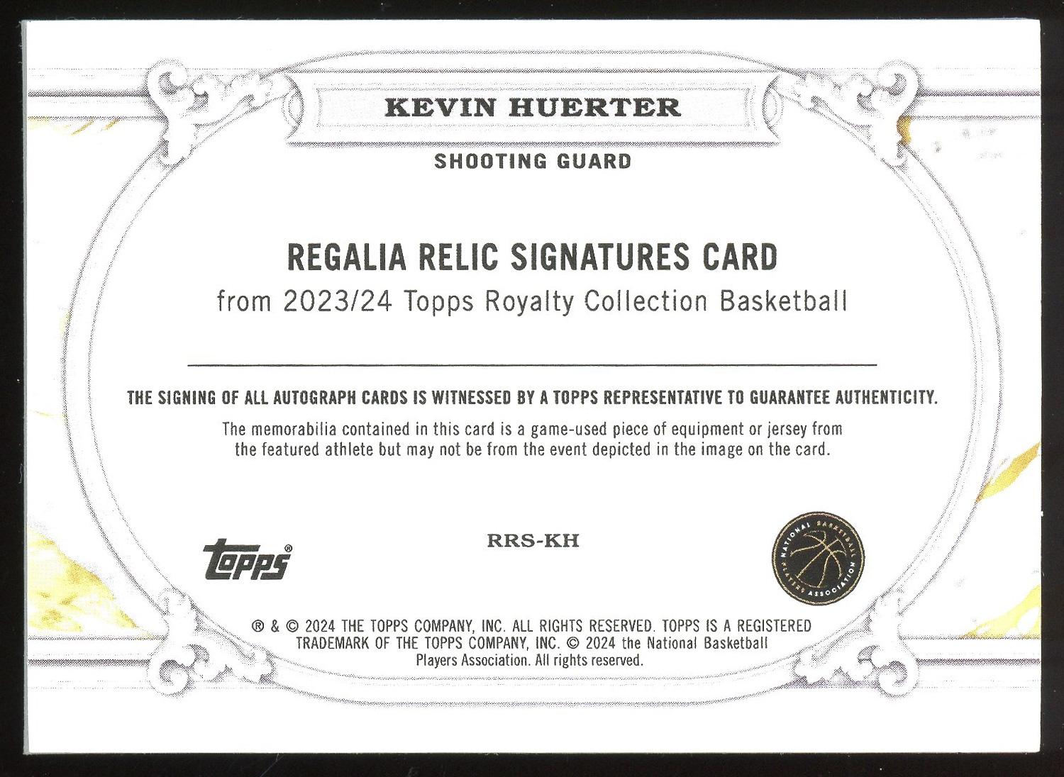 Kevin Huerter 2023 Topps Royalty Regalia Game Used Patch Autograph Card ...