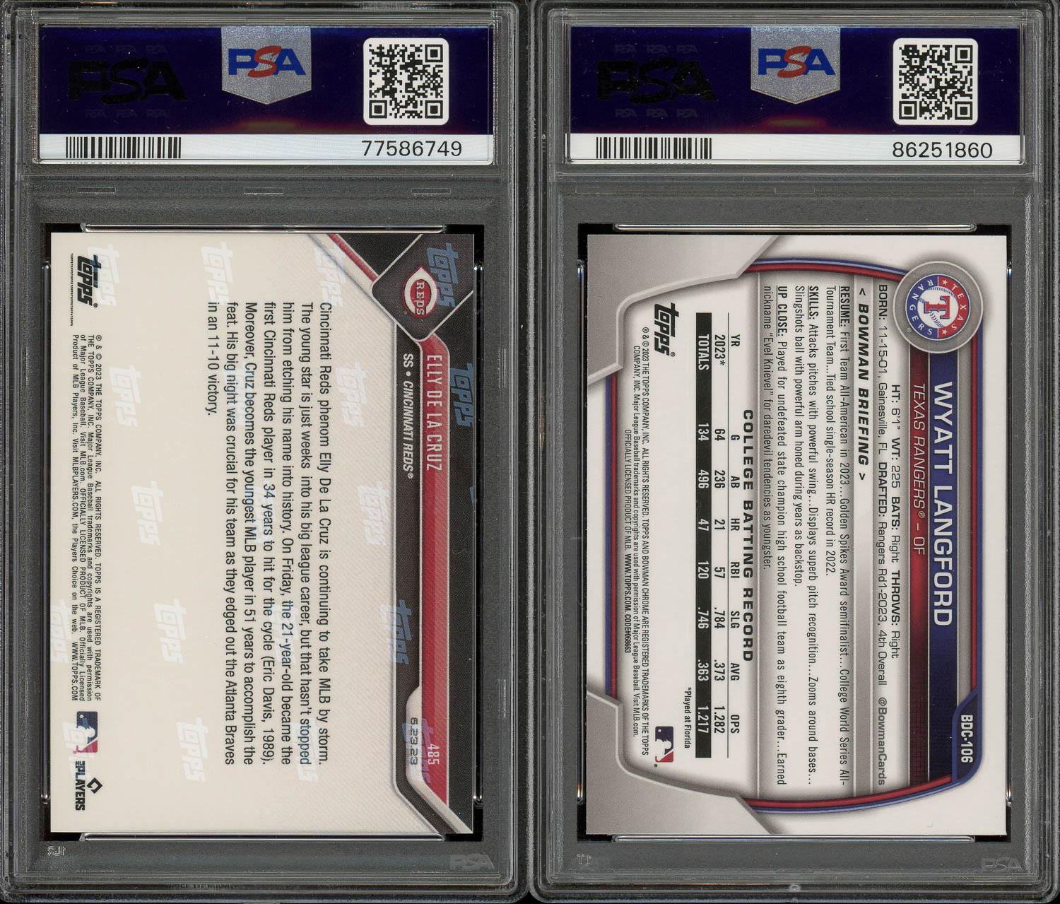 Lot of (2) PSA Gem Mint 10 Graded 2023 Cards w/Elly De La Cruz & Wyatt ...