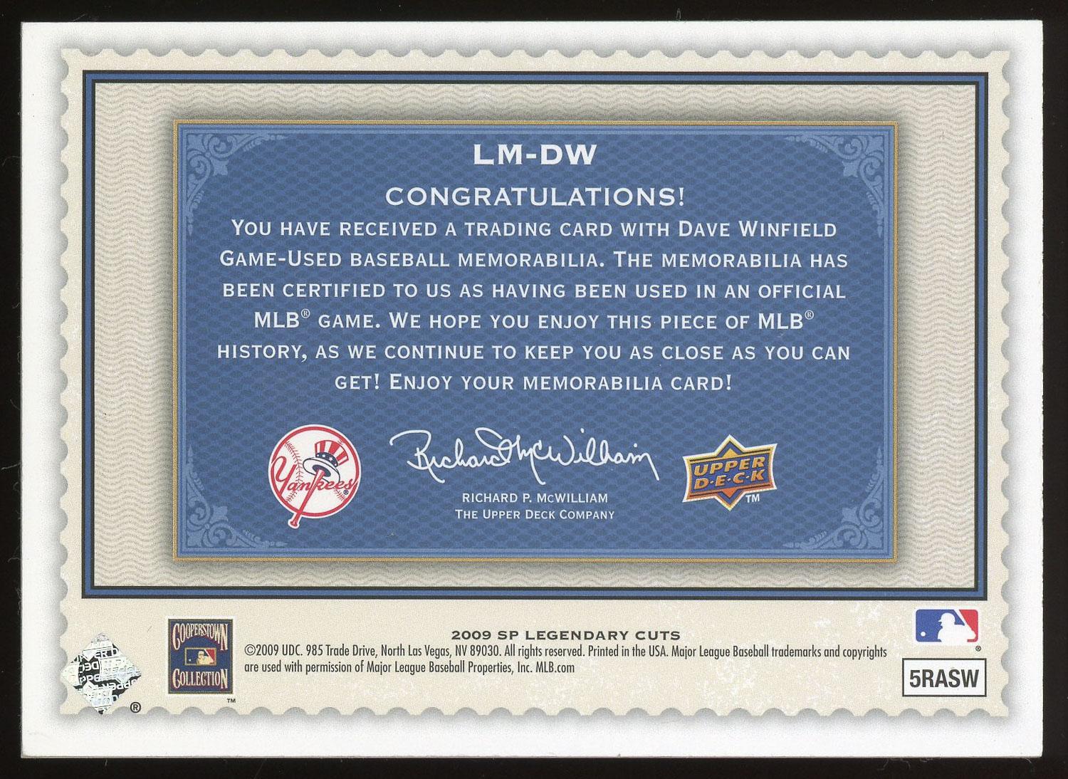 Dave Winfield 2009 SP Legendary Cuts Game Used Patch Card w/Pinstripe ...