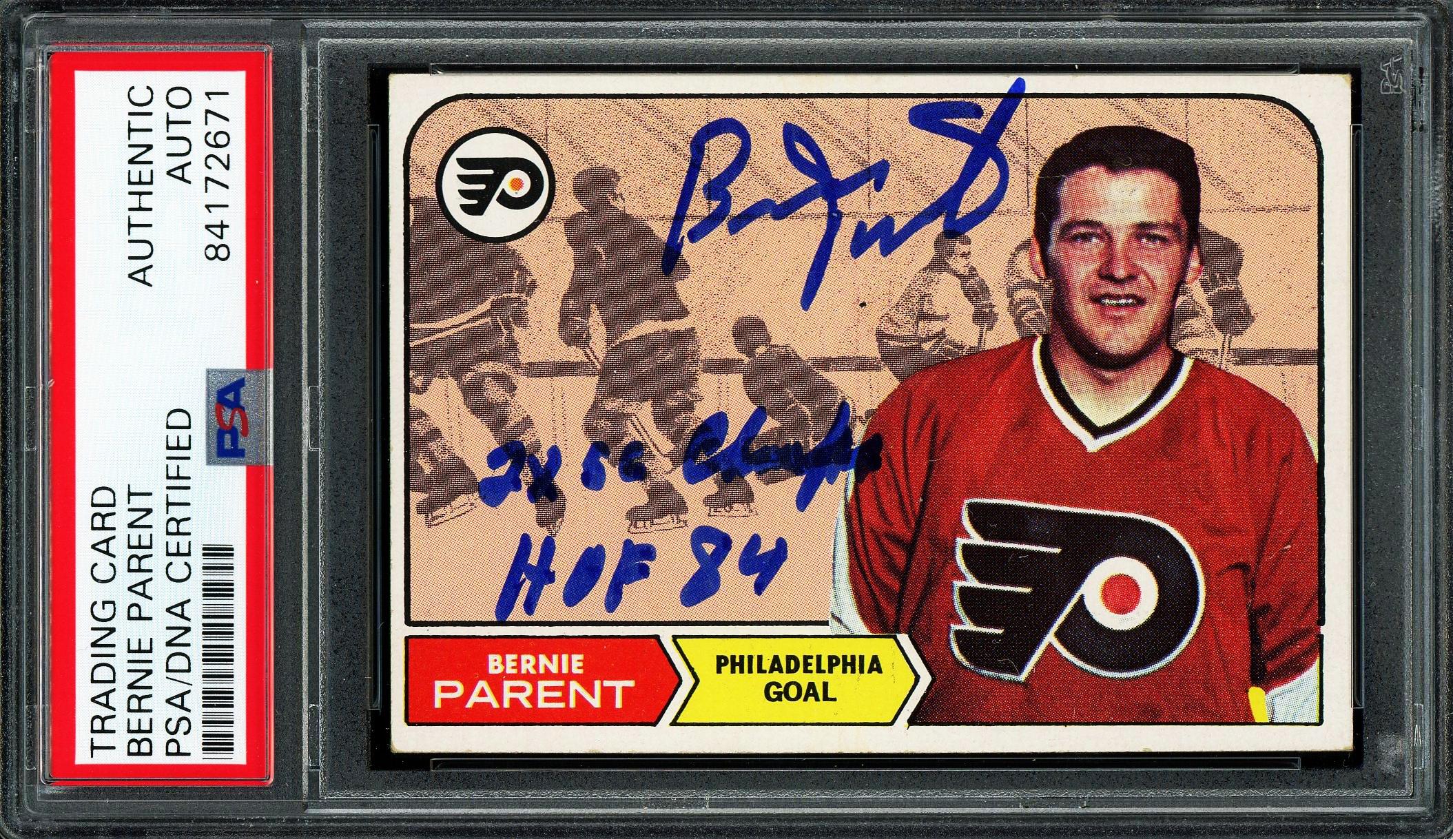 Bernie Parent "2X SC Champs, HOF 84" Signed 1968 Topps Rookie Card #89 ...