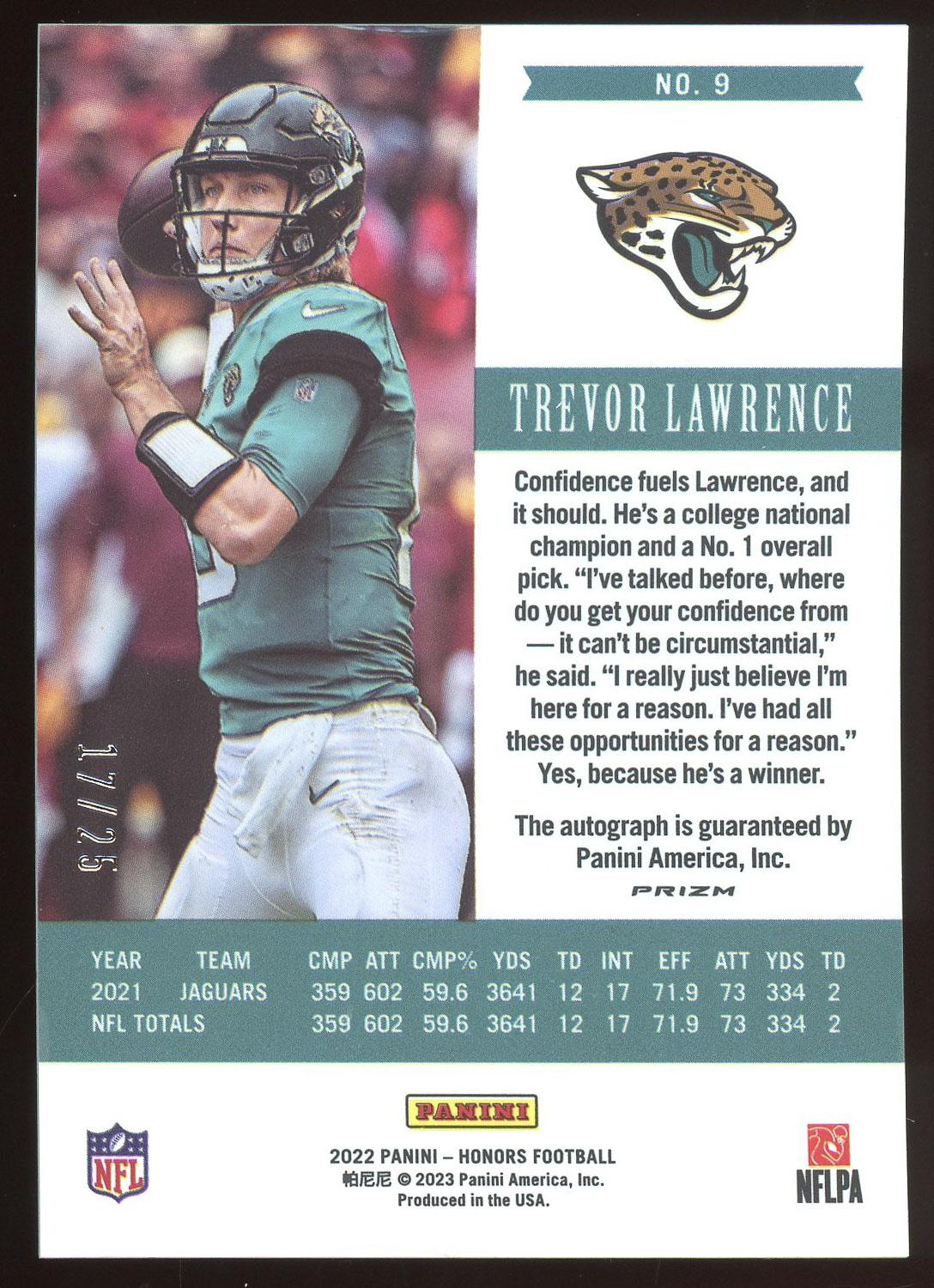 Trevor Lawrence 2022 Panini Honors Autograph Card 17/25! | Auction of ...